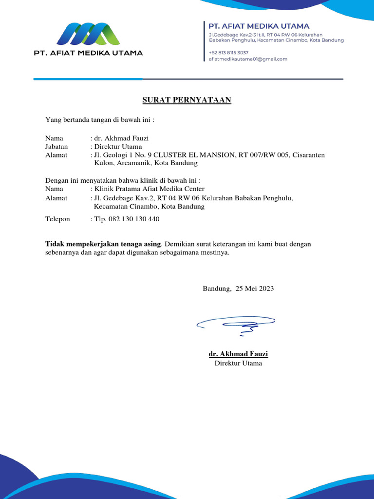 Surat Pernyataan Tidak Mempekerjakan Tenaga Asing AFIAT MEDIKA | PDF Surat Pernyataan Tidak Mempekerjakan Tenaga Asing AFIAT MEDIKA | PDF