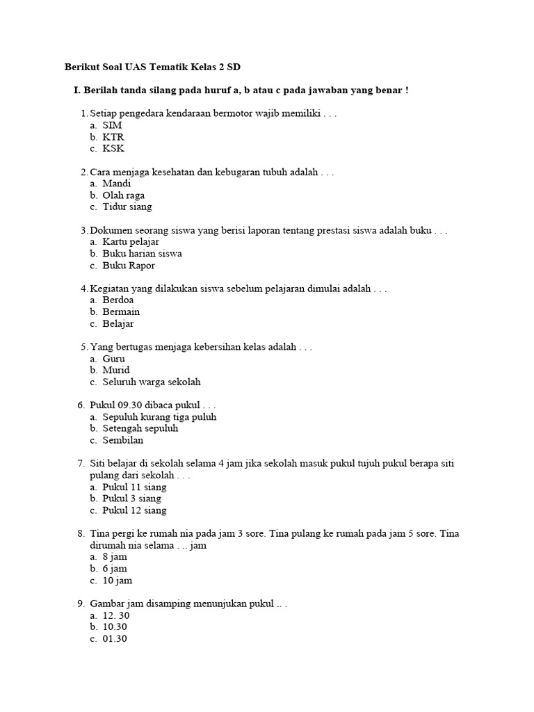Berikut Soal UAS Tematik Kelas 2 SD | PDF | Olahraga & Rekreasi | Seni & Disiplin Bahasa