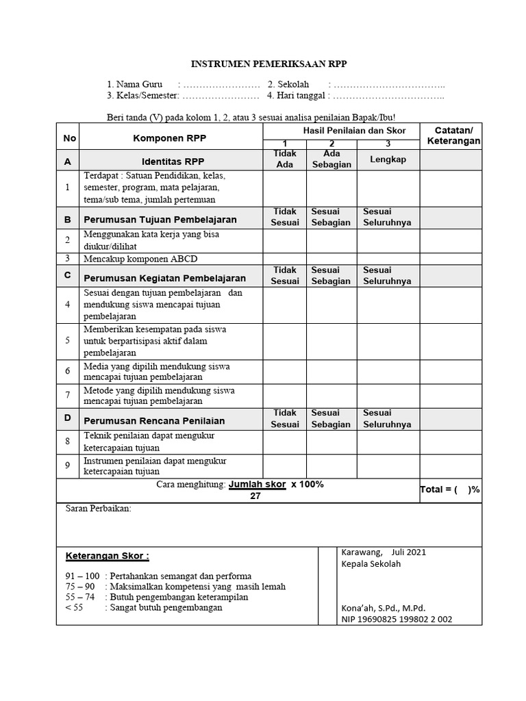 Instrumen Pemeriksaan RPP (Pra Observasi) | PDF