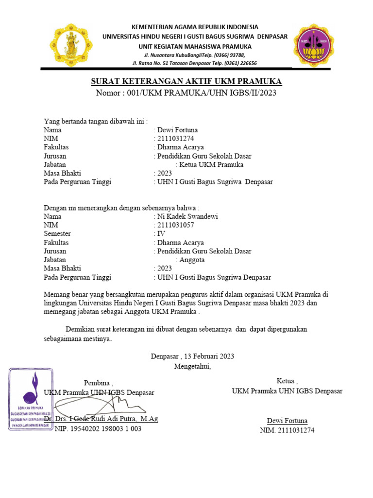 Surat Keterangan Aktif Ukm Pramuka 2023 | PDF