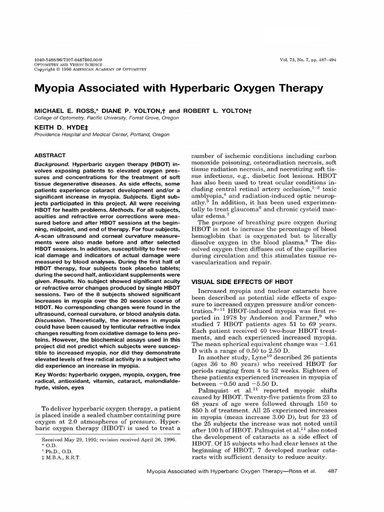 Myopia Associated With Hyperbaric Oxygen Therapy | PDF