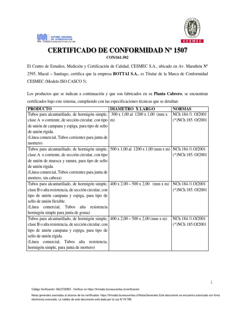 Certificado de Conformidad #1507: Producto Diametro X Largo Normas | Descargar gratis PDF ...