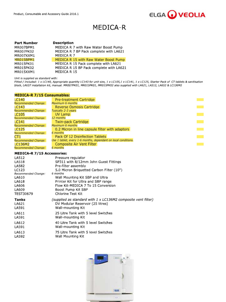 Consumable and Accessory Guide - Elga Medica R15 (MR015BPM1) | PDF