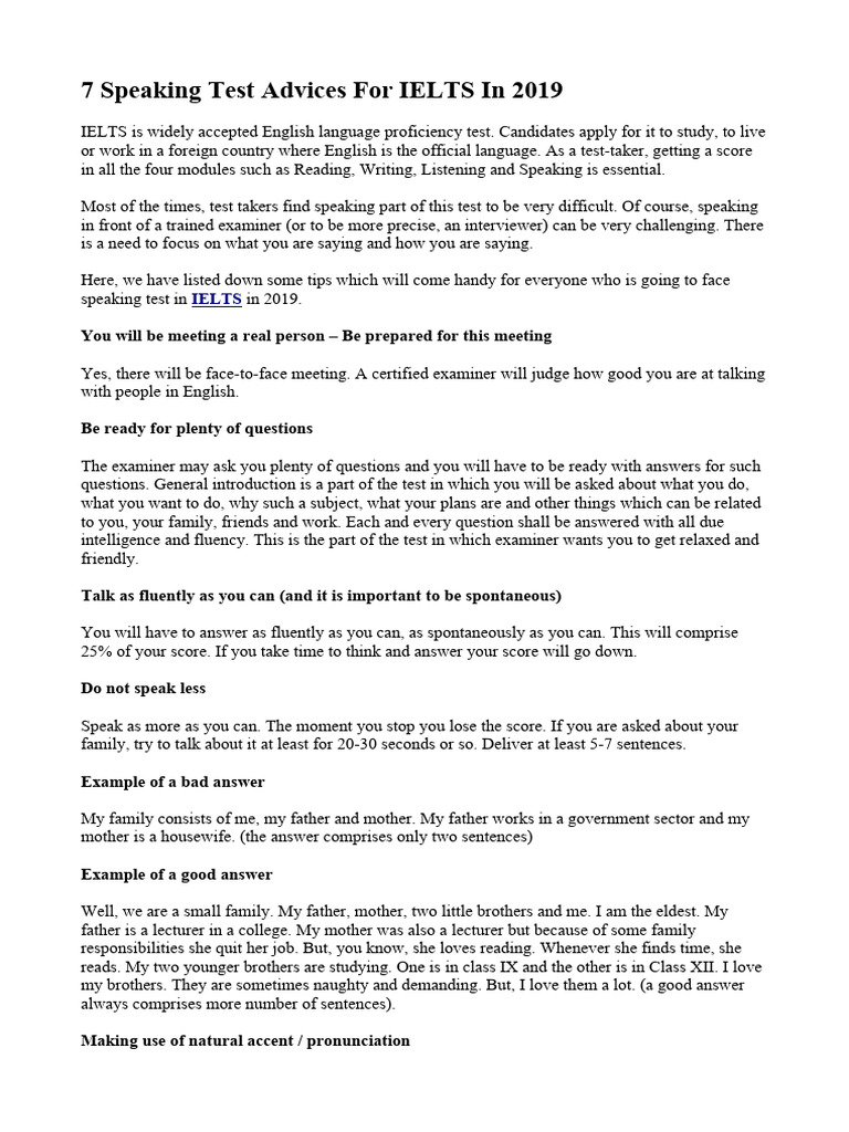 IELTS Speaking Test Tips 2019 | PDF | International English Language ...