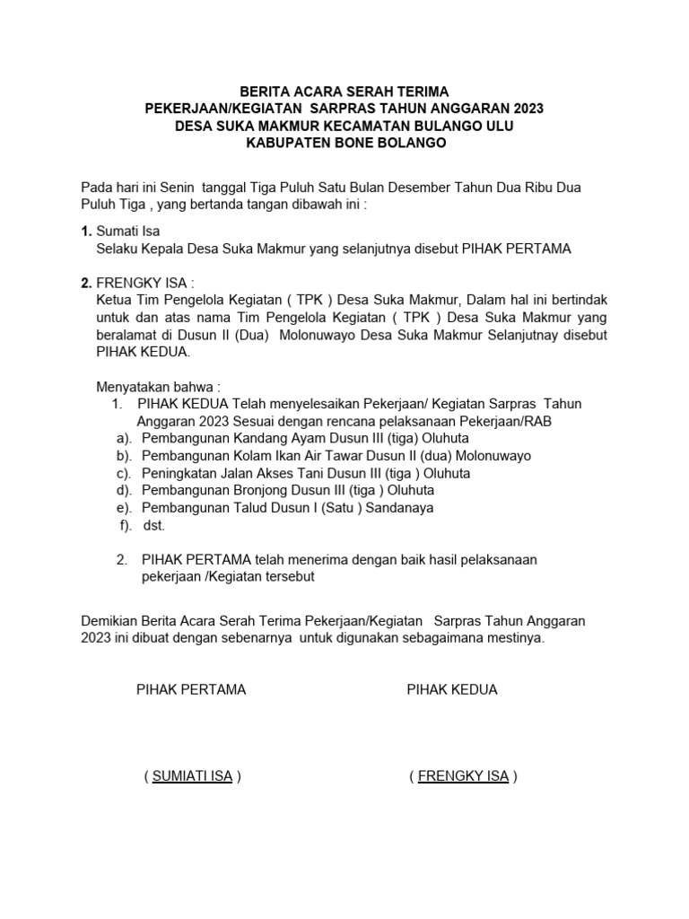 Draft Berita Acara Serah Terima Pekerjaan - Kegiatan | PDF