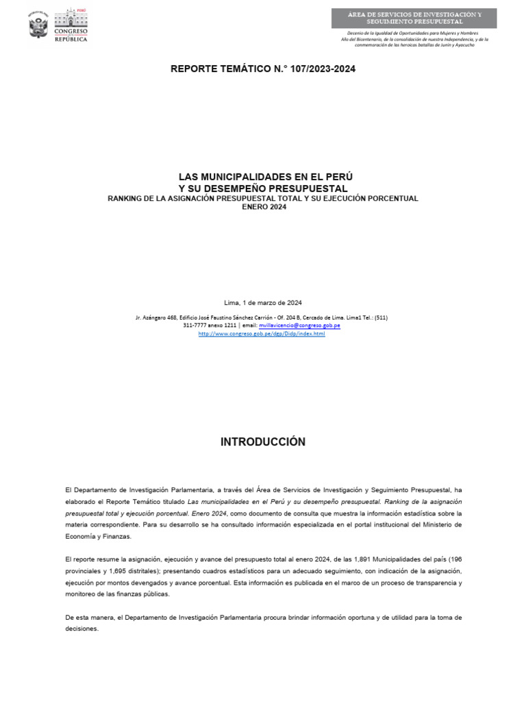 RT 107 Municipalidades Ranking Porcentual | Descargar gratis PDF | Perú