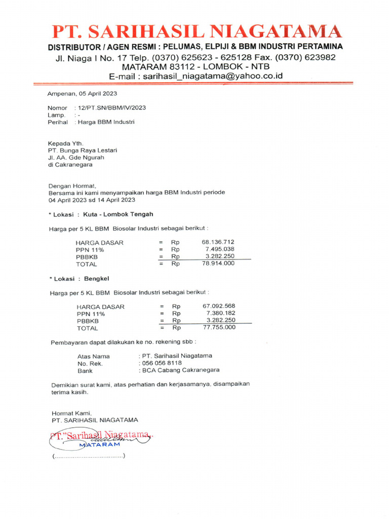 Harga BBM Industri Periode 04 SD 14 April 2023 (Bunga Raya) | PDF