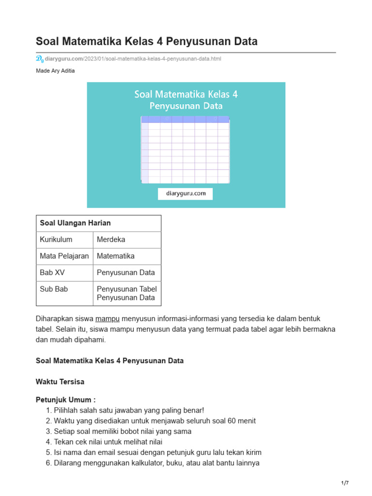 Soal Matematika Kelas 4: Penyusunan Data | PDF