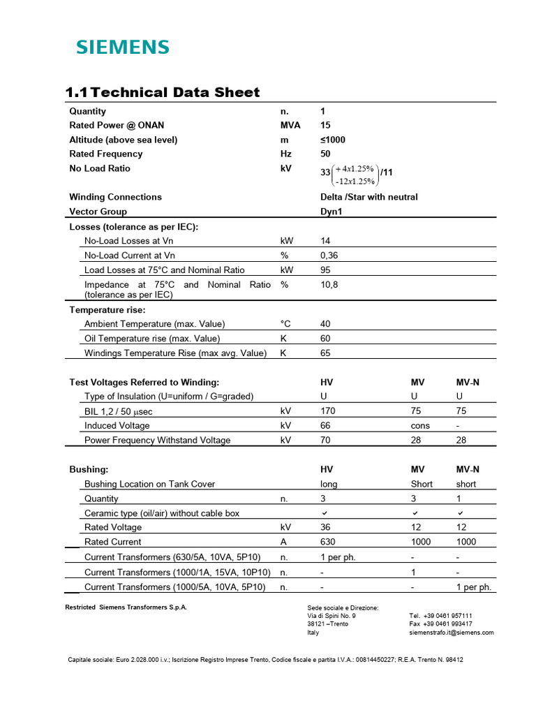 Technical - Data - Sheet - 15MVA - Rev 1 | PDF | Transformer | Metrology