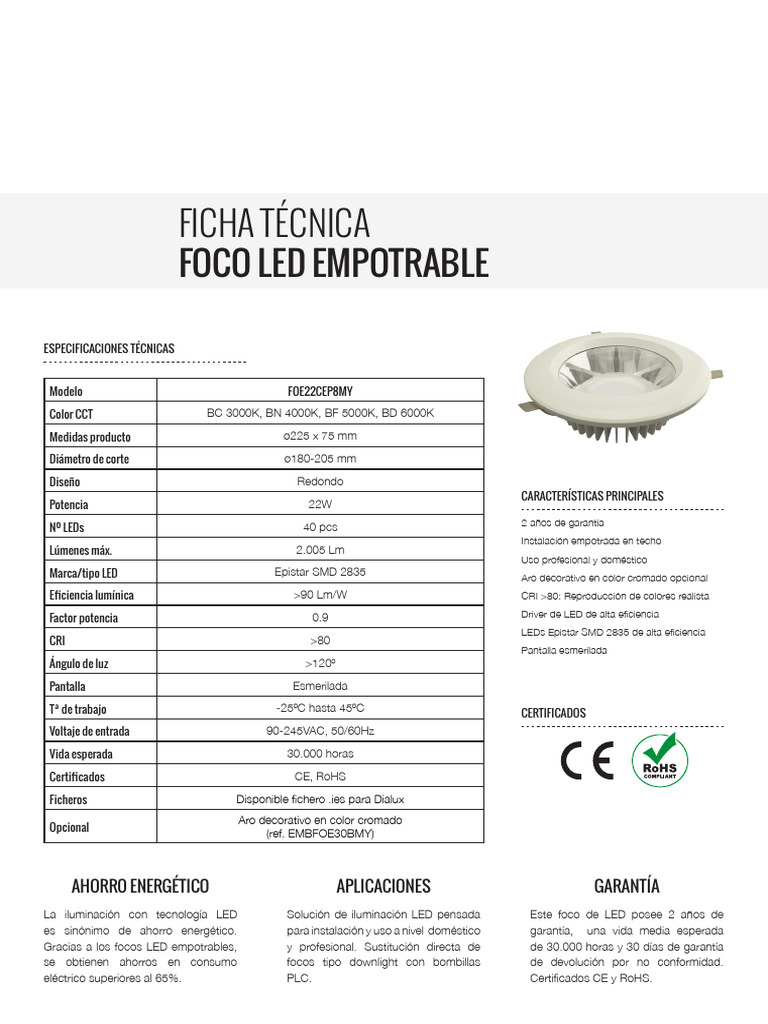 Foco LED Empotrable Tecnolite 22W | PDF | Diodo emisor de luz | Encendiendo