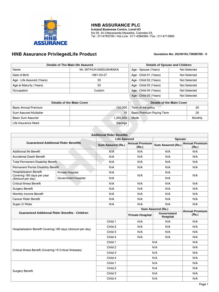 HNB Assurance Life Insurance Quotation | PDF | Insurance | Life Insurance