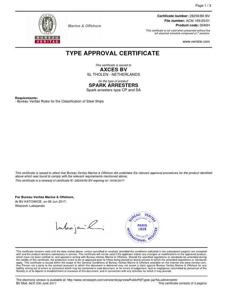 Production - Type Approval Certificate BV Spark Arrester-1 | PDF | Justice | Crime & Violence