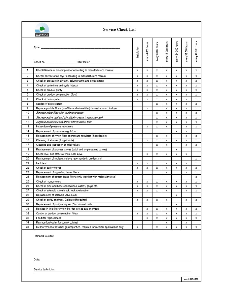 O2 Service Maintenance Checklist | PDF | Valve | Gas Technologies