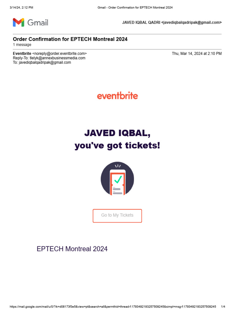 Gmail - Order Confirmation For EPTECH Montreal 2024 | PDF | Gmail | Internet