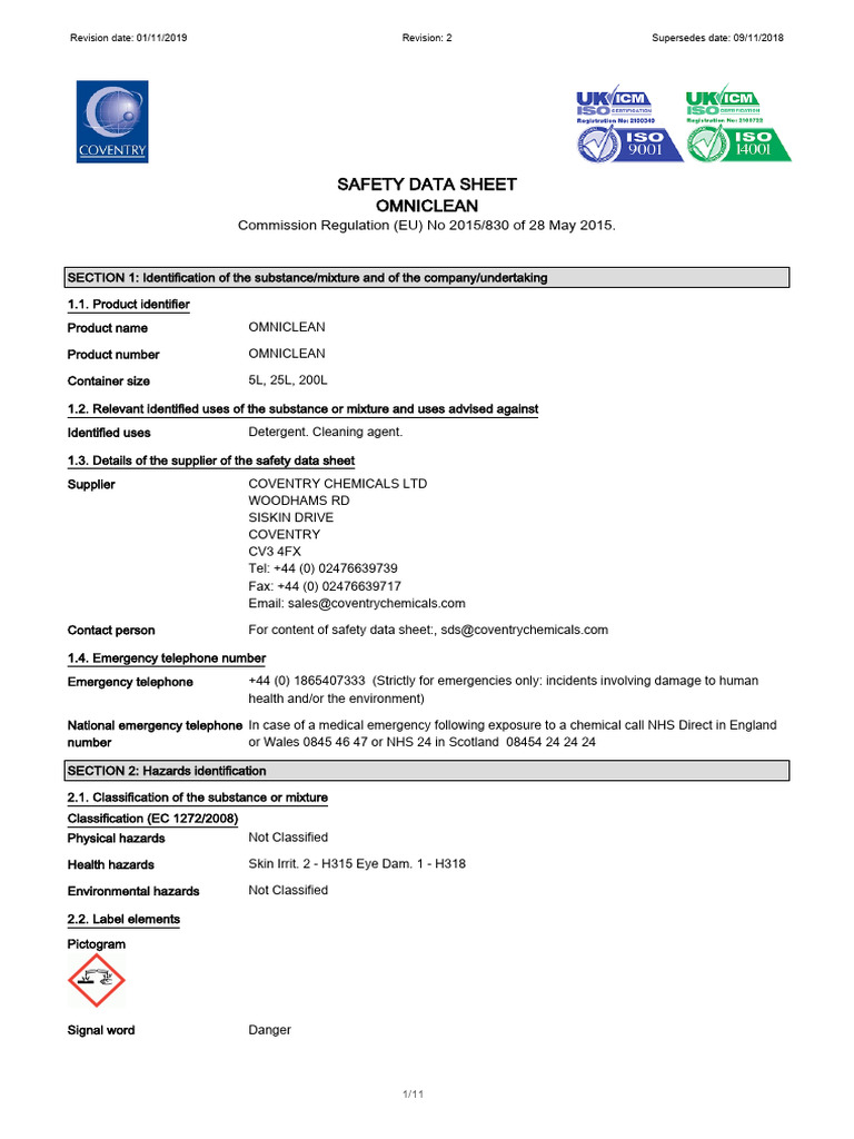 OMNICLEAN-Data_Sheet | PDF | Hazards | Chemical Substances