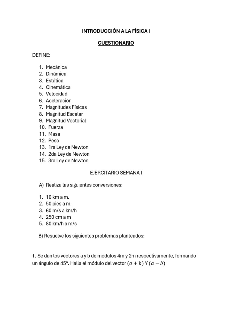 Introducción A La Física I Cuestionario | PDF | Vector Euclidiano | Fuerza
