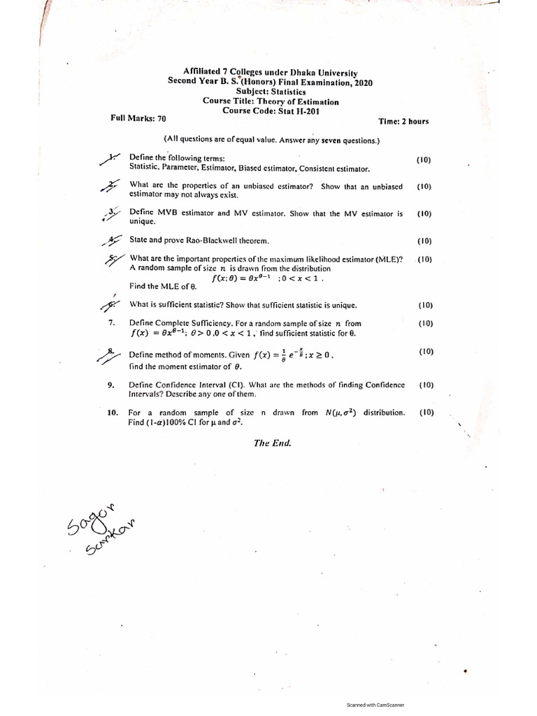 2nd Year Final Exam Ques 2020 (7 College, Dhaka, Bangladesh) | PDF