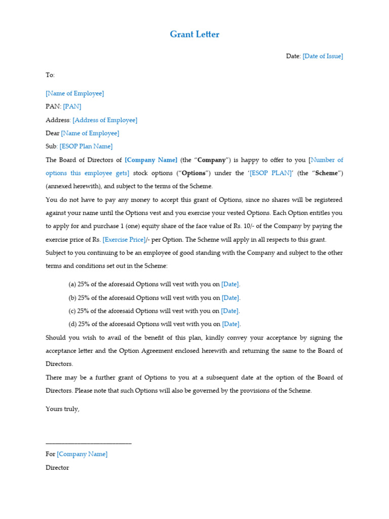 ESOP Grant Offer Letter to Employee | PDF