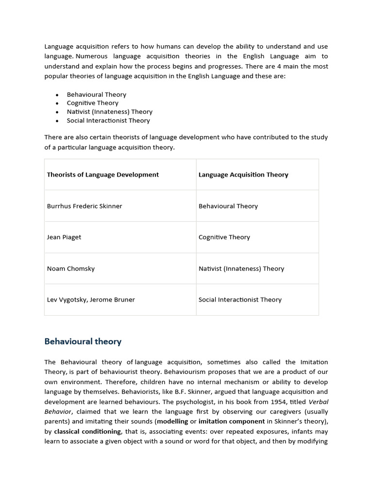 Language Acquisition Theories | PDF | Language Acquisition | Behaviorism