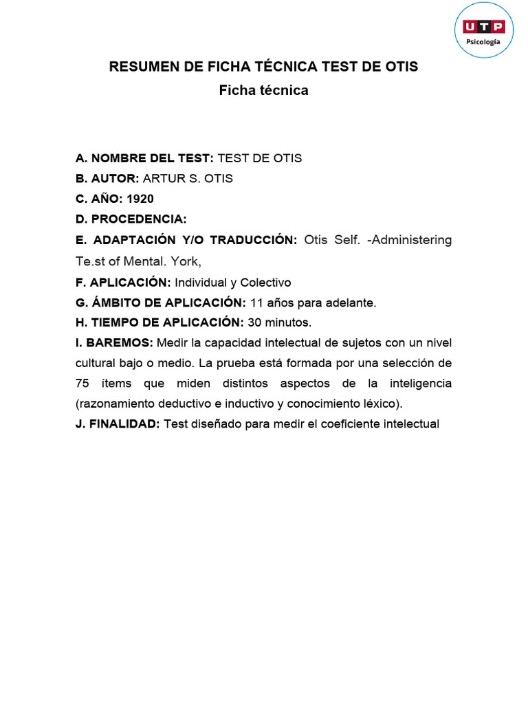 Resumen de Ficha Técnica Test de Otis | PDF