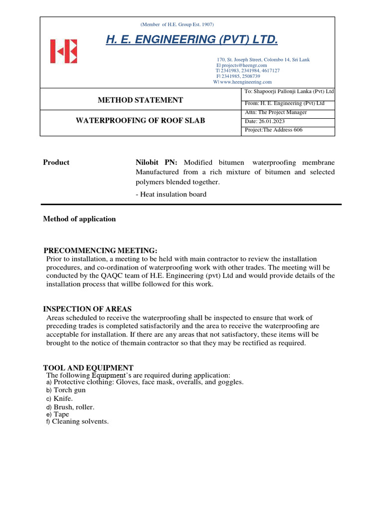 Method Statement For Roof Top Nilobit PN With Insulation | PDF | Concrete | Roof