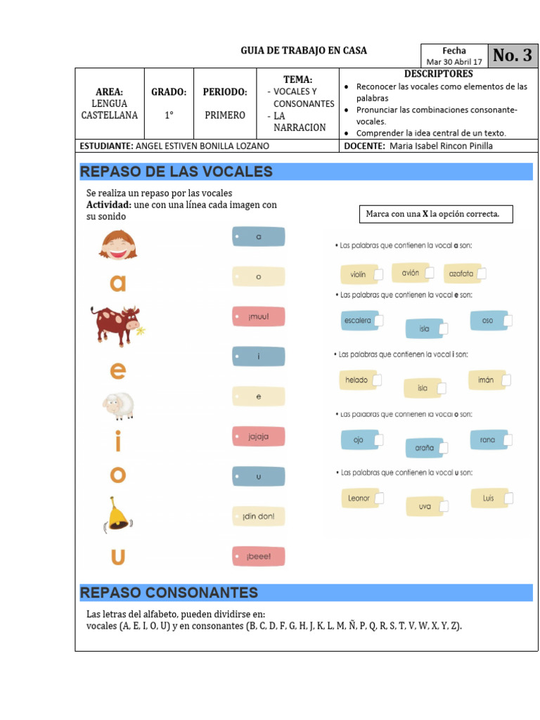 Guía de Lengua Castellana 1° Grado | PDF | Vocal | Consonante
