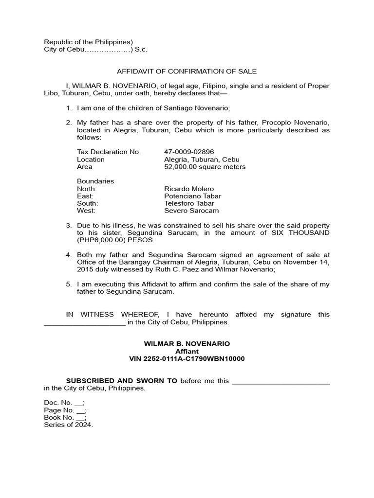 Property Sale Confirmation Affidavit | PDF