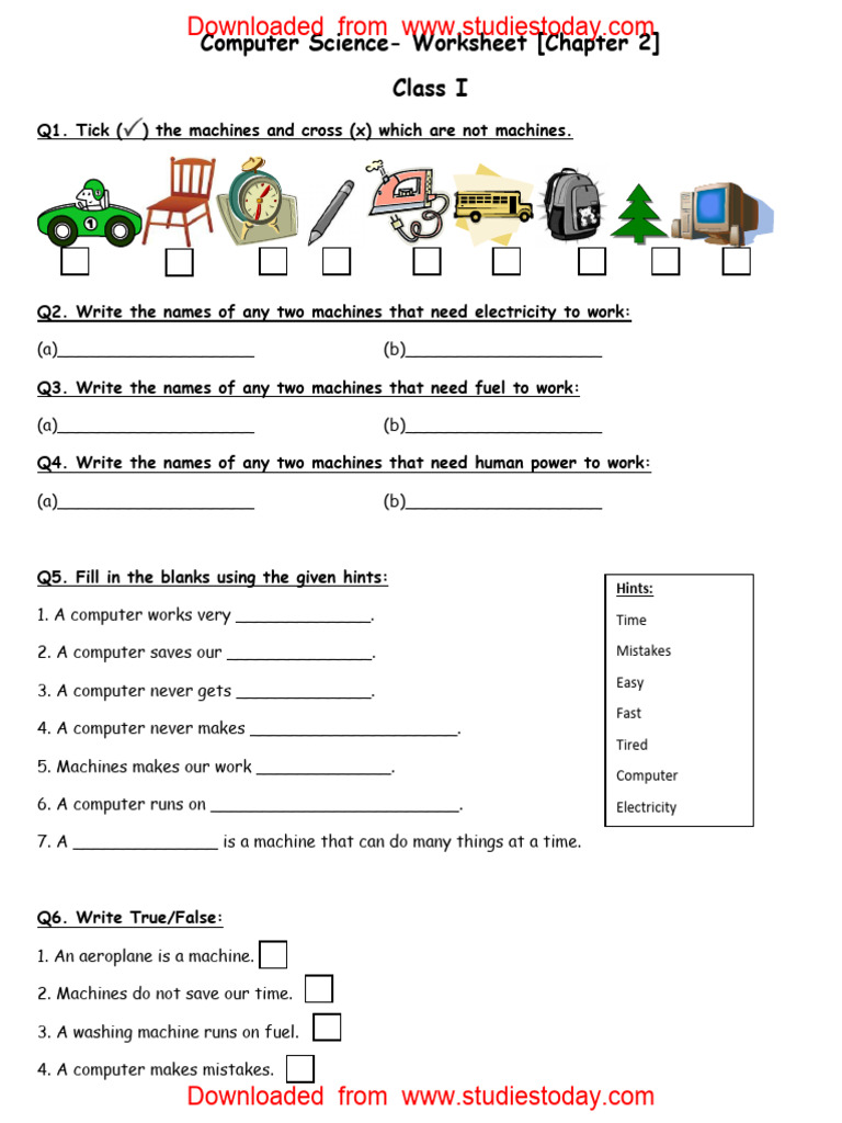 CBSE Class 1 Computer Science Worksheet - Computers | PDF