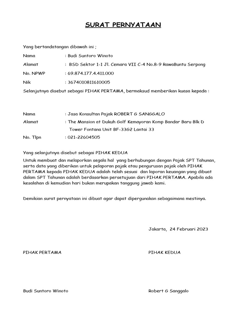 Surat Pernyataan SPT Tahunan | PDF