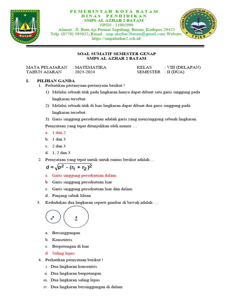 Soal Pas Genap Matematika Kelas Viii | PDF