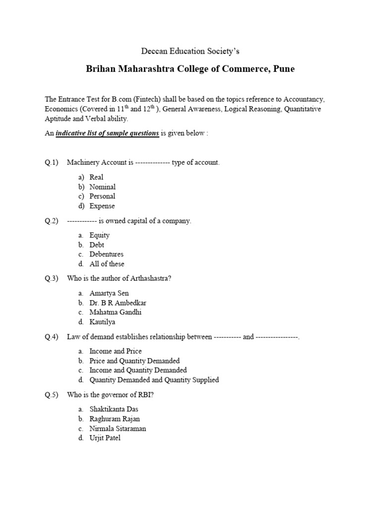 Fintech Sample Questionsfor Entrance Examination | PDF
