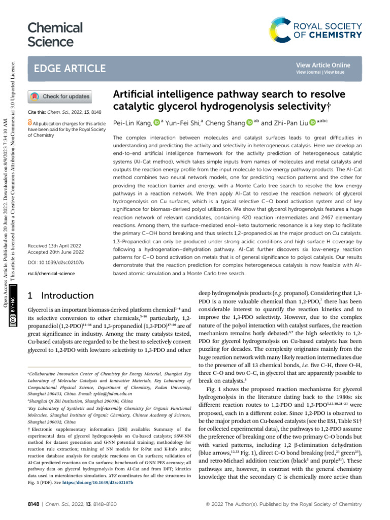2022 Kang Artificial Intelligence Pathway Search To Resolve | PDF | Catalysis | Heterogeneous ...