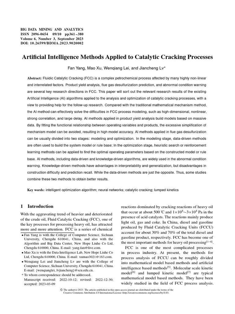 2023 Yang Artificial Intelligence Methods Applied To Catalytic Cracking Processes | PDF ...