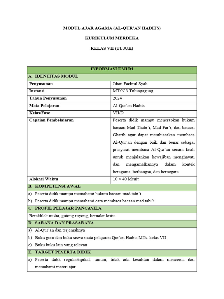 Modul Ajar Qurdis 1 Fiks | PDF