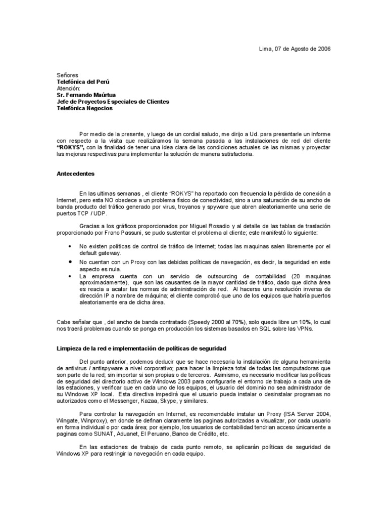 Informe de Visita A Cliente Rokys | PDF | Internet | Servidor (Computación)