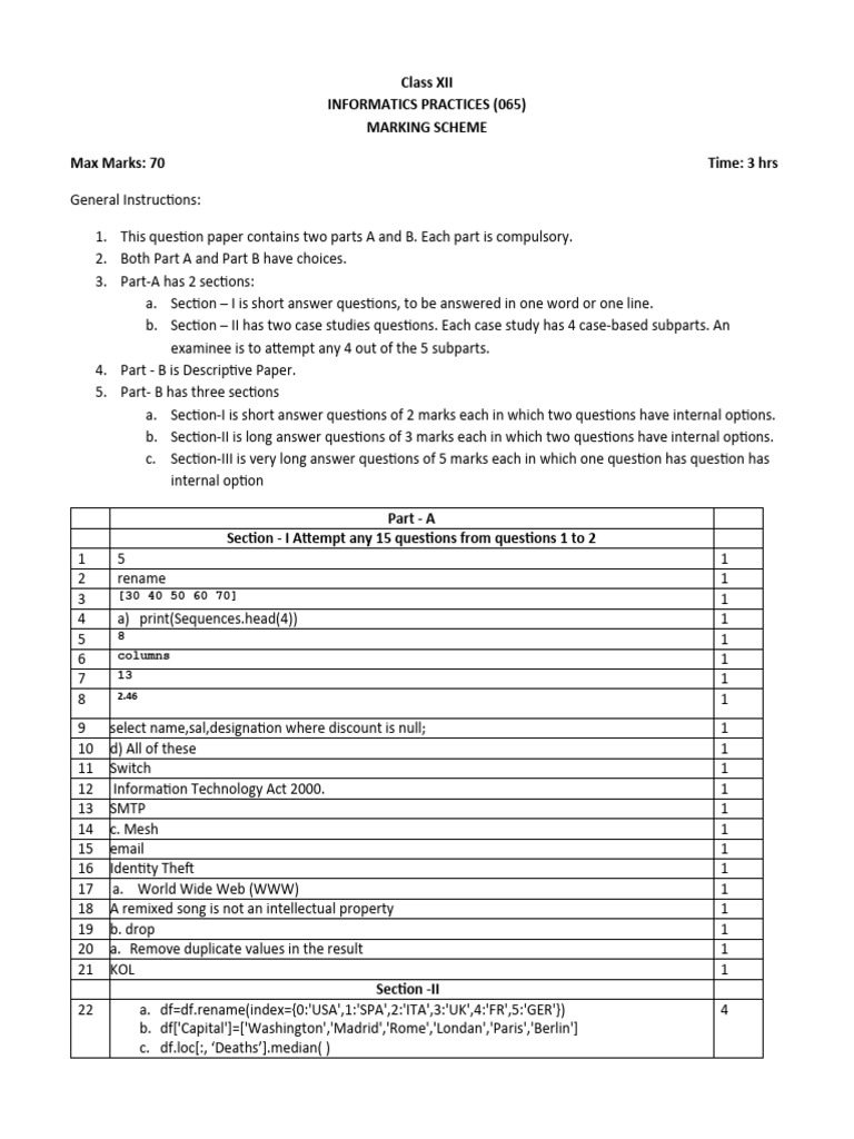 Informatics Practices - Marking Scheme | PDF