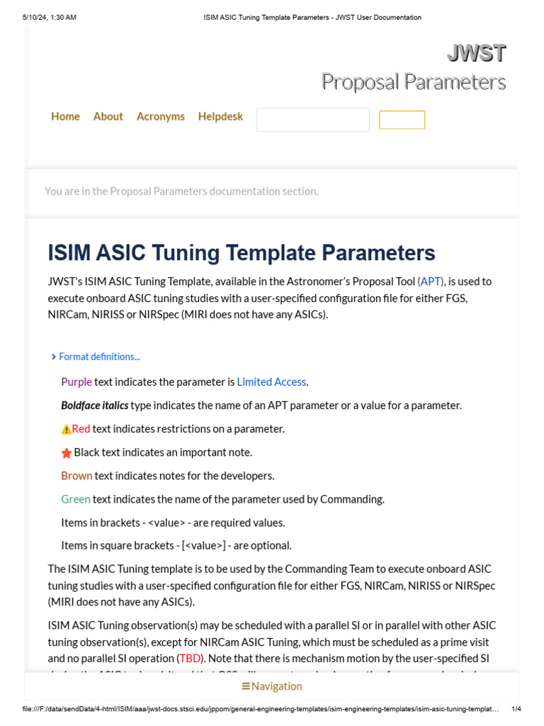 ISIM ASIC Tuning Template Parameters - JWST User Documentation | PDF | Filename | Computer File