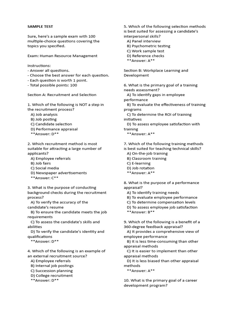 Sample Test | Download Free PDF | Recruitment | Performance Appraisal