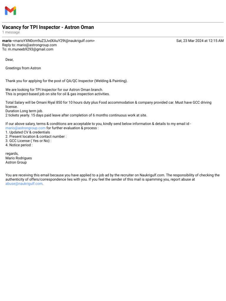Gmail - Vacancy For TPI Inspector - Astron Oman | PDF | Finance & Money ...
