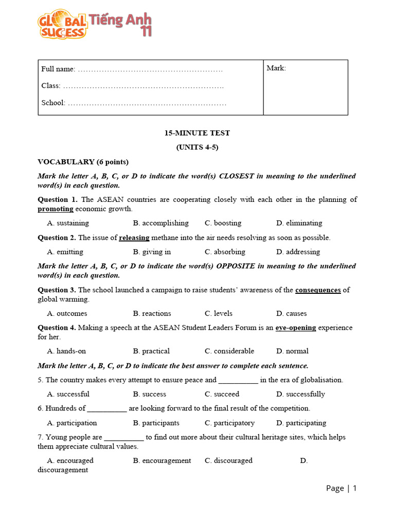 15-Minute Vocabulary & Grammar Test | PDF | Natural Environment ...