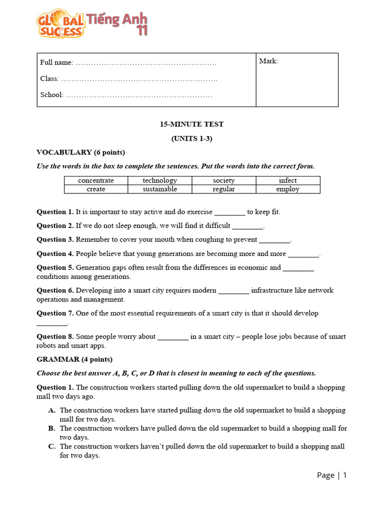 15-Minute Test 1 (Units 1-3) | PDF | Economies