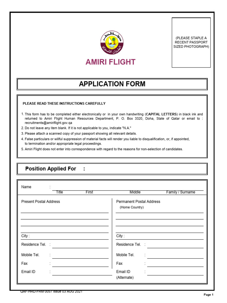 QAF-HRD-FRM 057 (Issue 03) AF Application-Form | PDF | Nationality | Passport