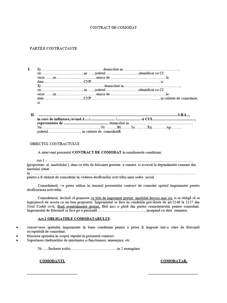 CONTRACT DE COMODAT SRL | PDF