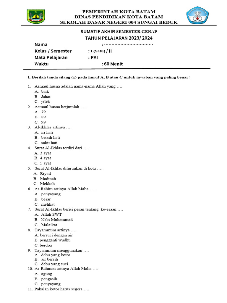 Soal Sat Pai MKLS 1 2023-2024 | PDF