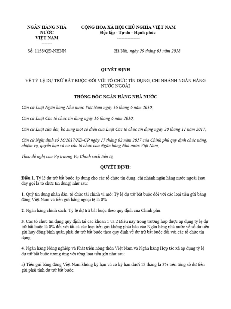 5 - Quyet - Dinh - 1158 - QD-NHNN Ve Ty Le Du Tru Bat Buoc | PDF