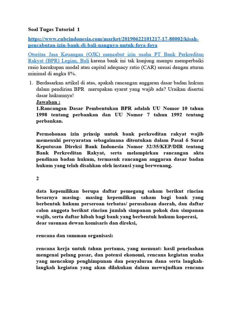 Soal Tugas Tutorial 1 HKUM4308 | PDF | Bisnis | Pengelolaan Keuangan & Uang