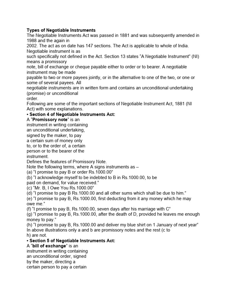 Types of Negotiable Instruments | PDF | Negotiable Instrument | Cheque