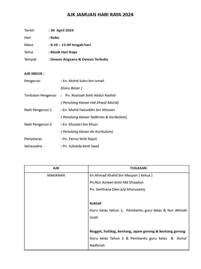 AJK JAMUAN Hari Raya Murid 2024 | PDF