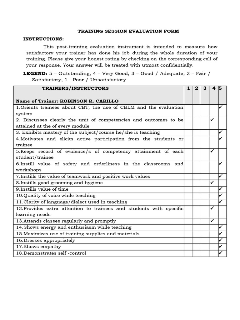 Training Session Evaluation Form | PDF | Behavioural Sciences | Behavior Modification