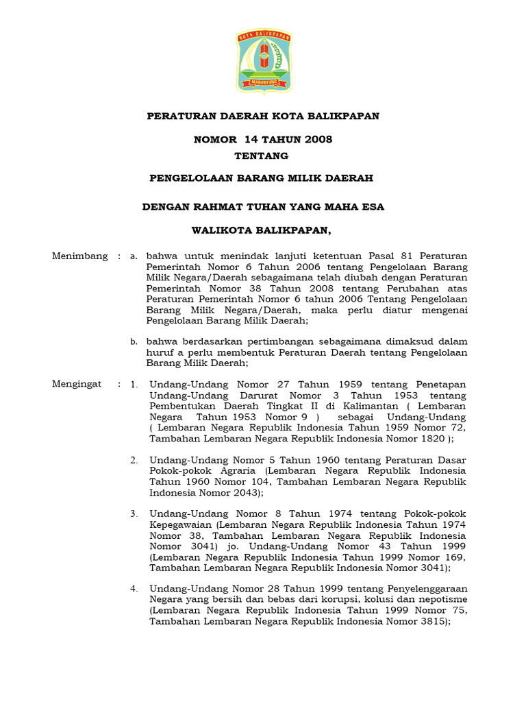 Perda Balikpapan No 14 2008 PENGELOLAAN BARANG | PDF